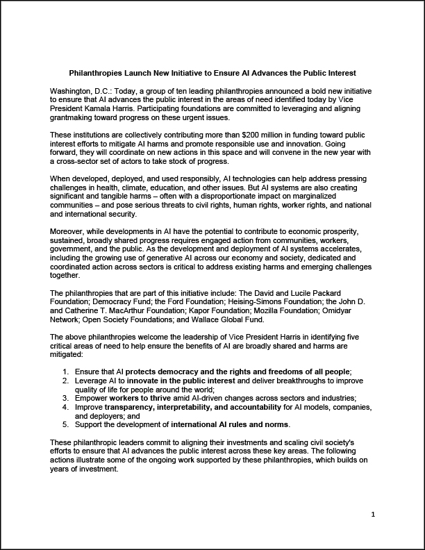 Philanthropies launch new initiative to ensure AI advances the public ...